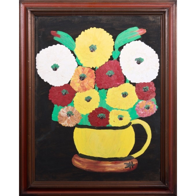 Clementine Hunter | Zinnias in a Yellow Pitcher (Circa 1970) | MutualArt