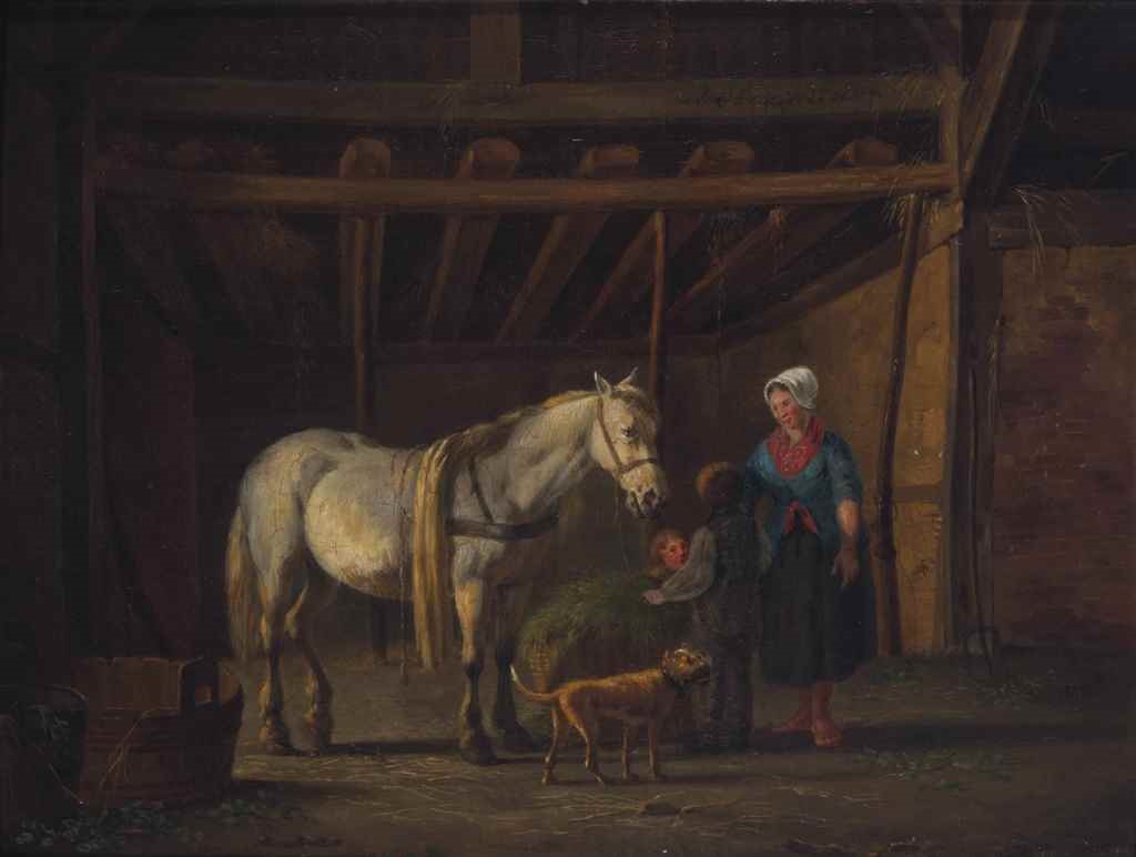 Anthony Oberman | Family with a grey horse in a stable | MutualArt