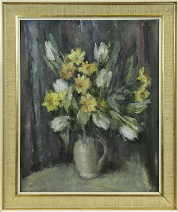 Lena Robb | Still life of yellow narcissus and white tulips in a jug ...