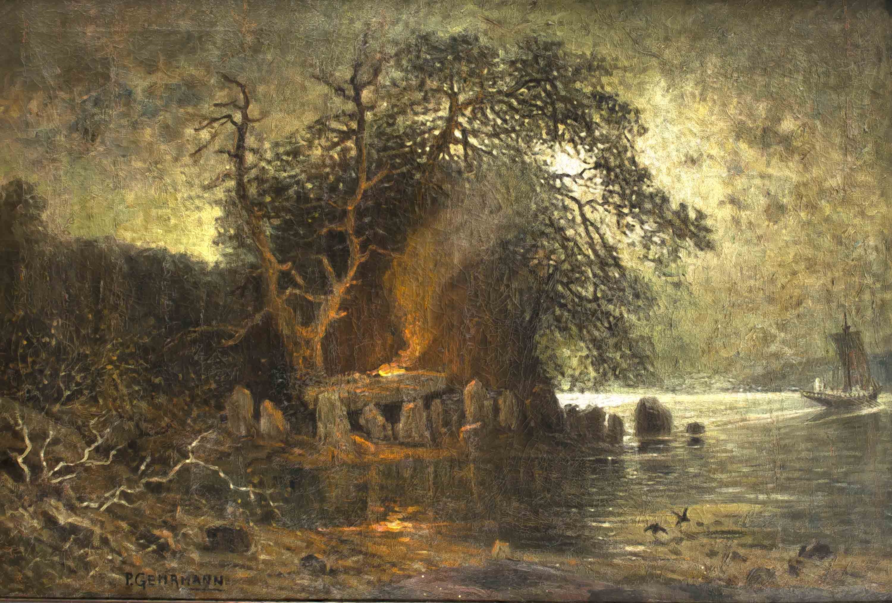 Paul Gehrmann | Vollmondbeschienene Uferlandschaft mit Brandopferaltar ...