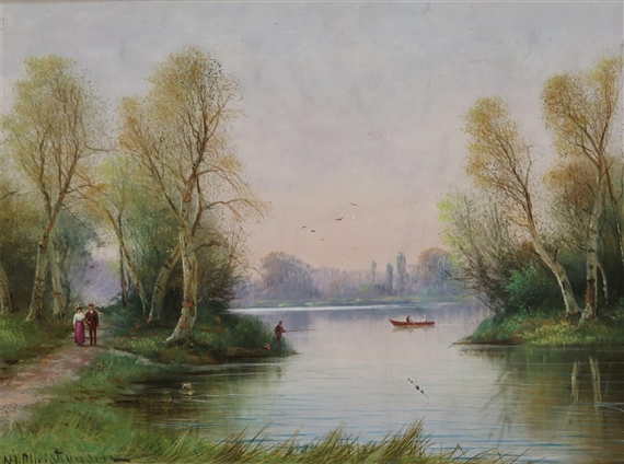 Nils Hans Christiansen - A moonlit lake, a...