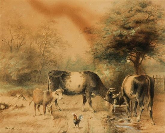 George Riecke | 2 work, Farm Scene with Animals and Shepherd with Flock ...