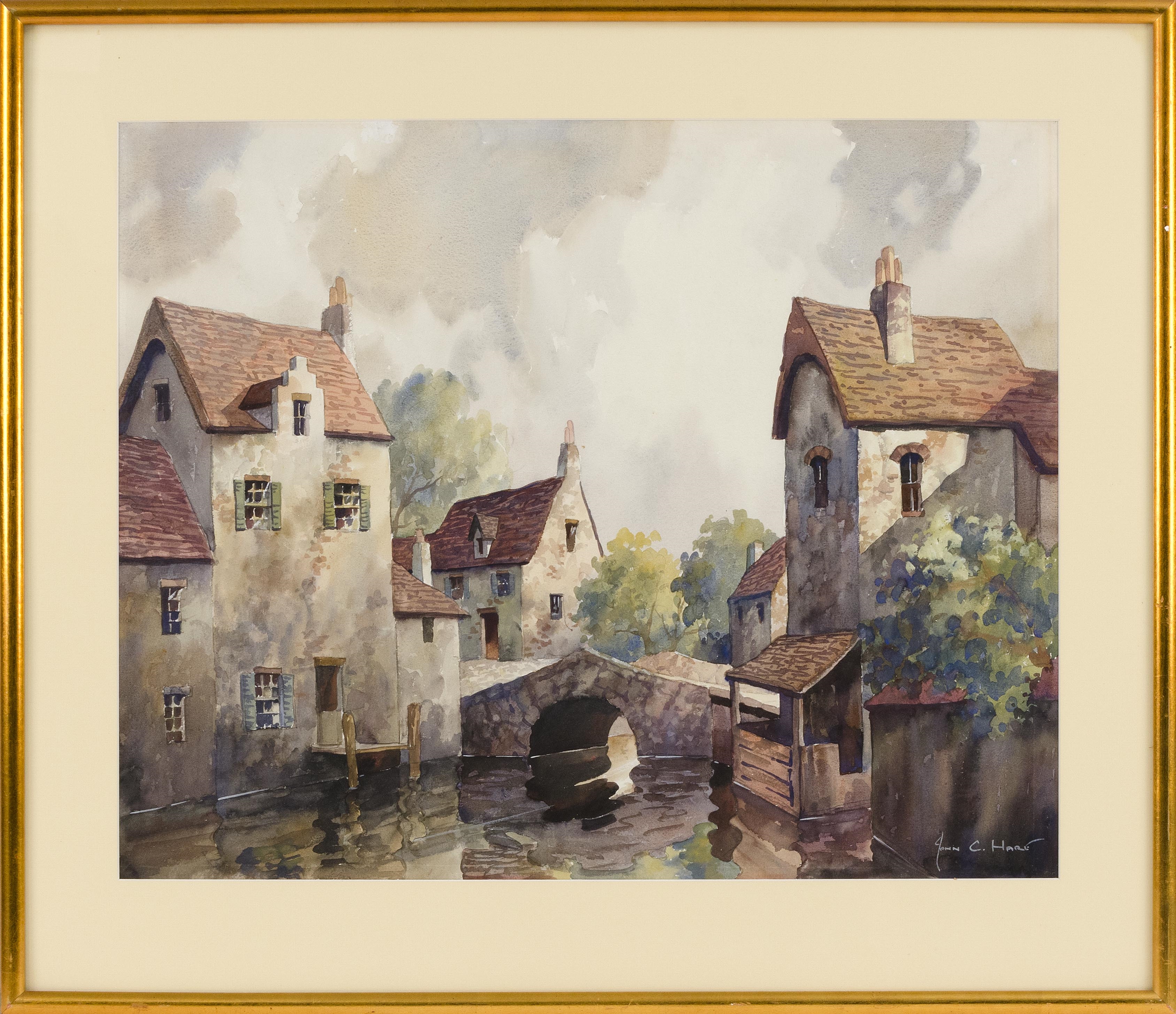 John Cuthbert Hare | European village with bridge over a river | MutualArt