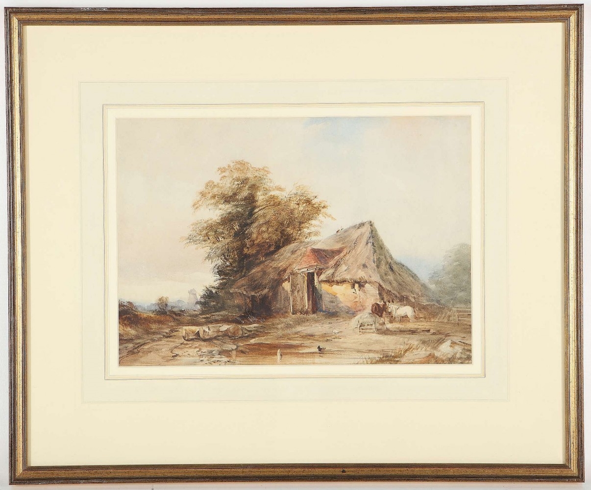 David Cox Sr. | Thatched Farm with Distant Windmill | MutualArt