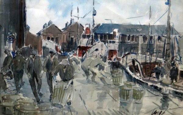Stanley Cooke | Busy Harbour Scene with Workers, Fishing Vessels and ...