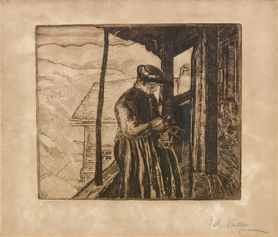 Edouard Vallet | Femme tricotant (1910) | MutualArt