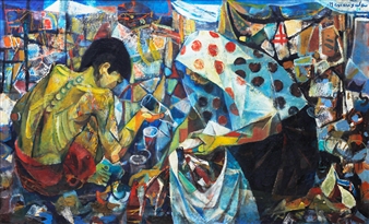 Vicente Manansala | Ang Magbabayo (Pounding Rice) (1979) | MutualArt