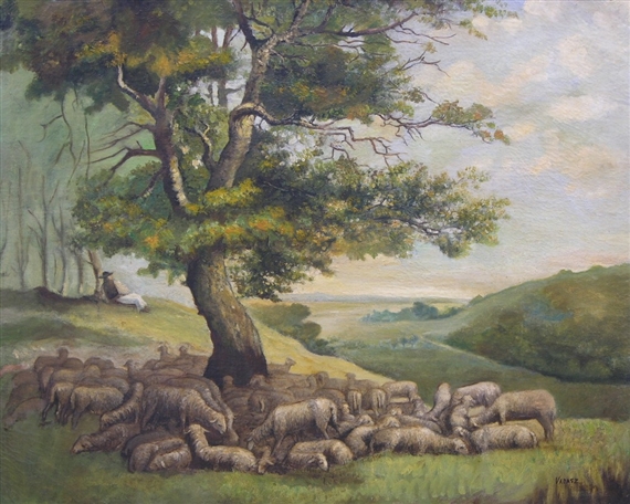 Endre Vadasz | Landscape with shepherd and sheep | MutualArt