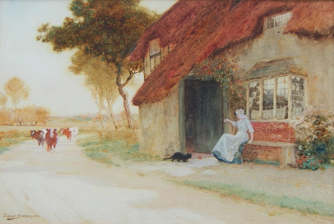 Arthur Claude Strachan | Country lane with maiden and cat | MutualArt