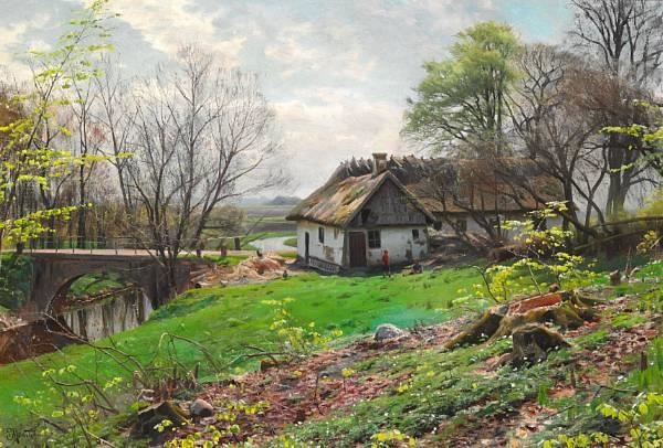 Peder Mork Monsted | Summer day with children playing behind a thatched farm (1924) | MutualArt