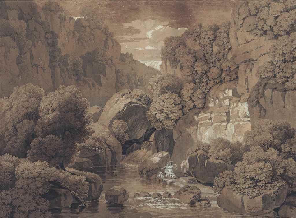 Wilhelm Friedrich Gmelin | A landscape with rocky cascades, and two ...