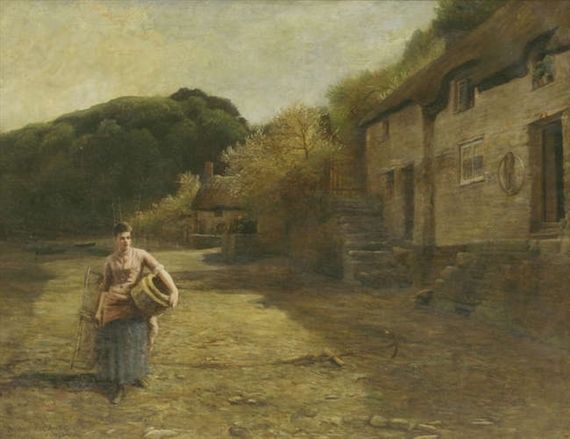 George Chester | A fishergirl on the shore, with cottages (1892 ...