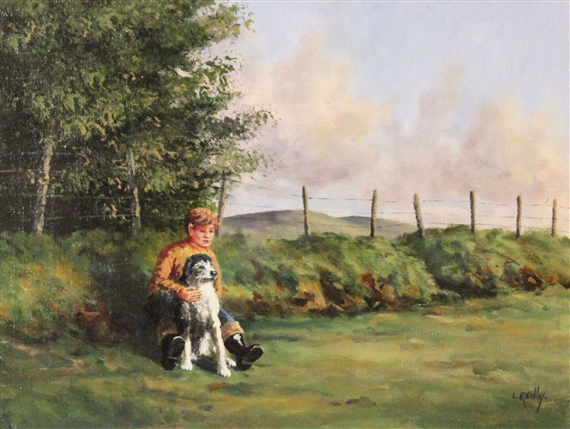 Liam Reilly | Boy and his Dog by a Lane | MutualArt