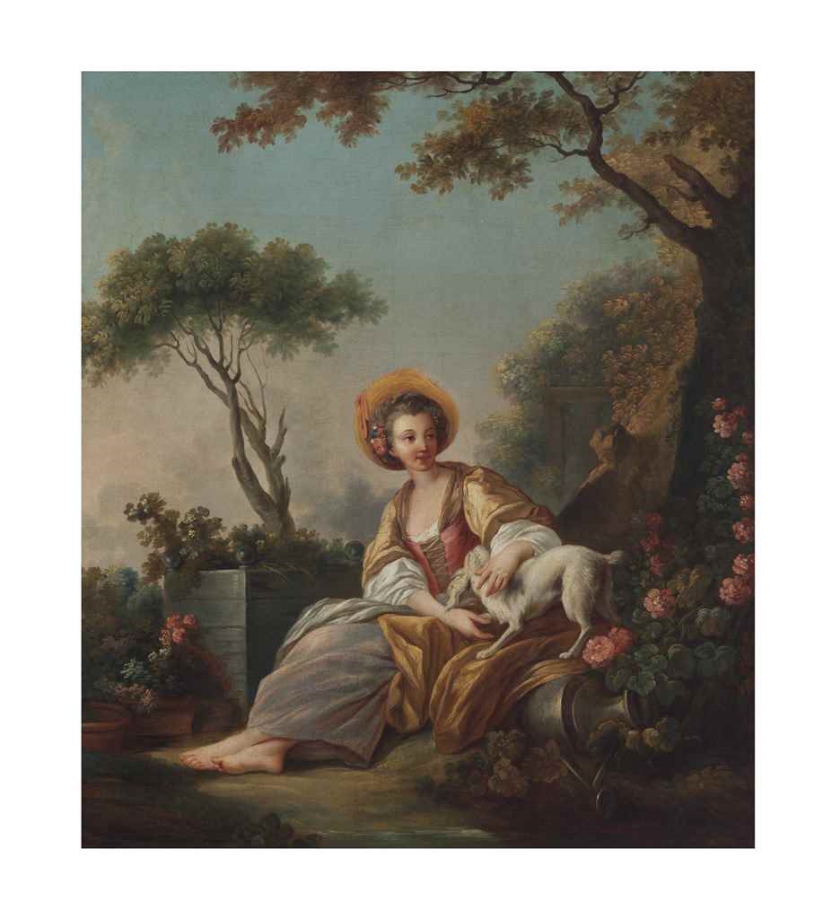 François Boucher | A seated shepherdess, playing with a dog, in a ...