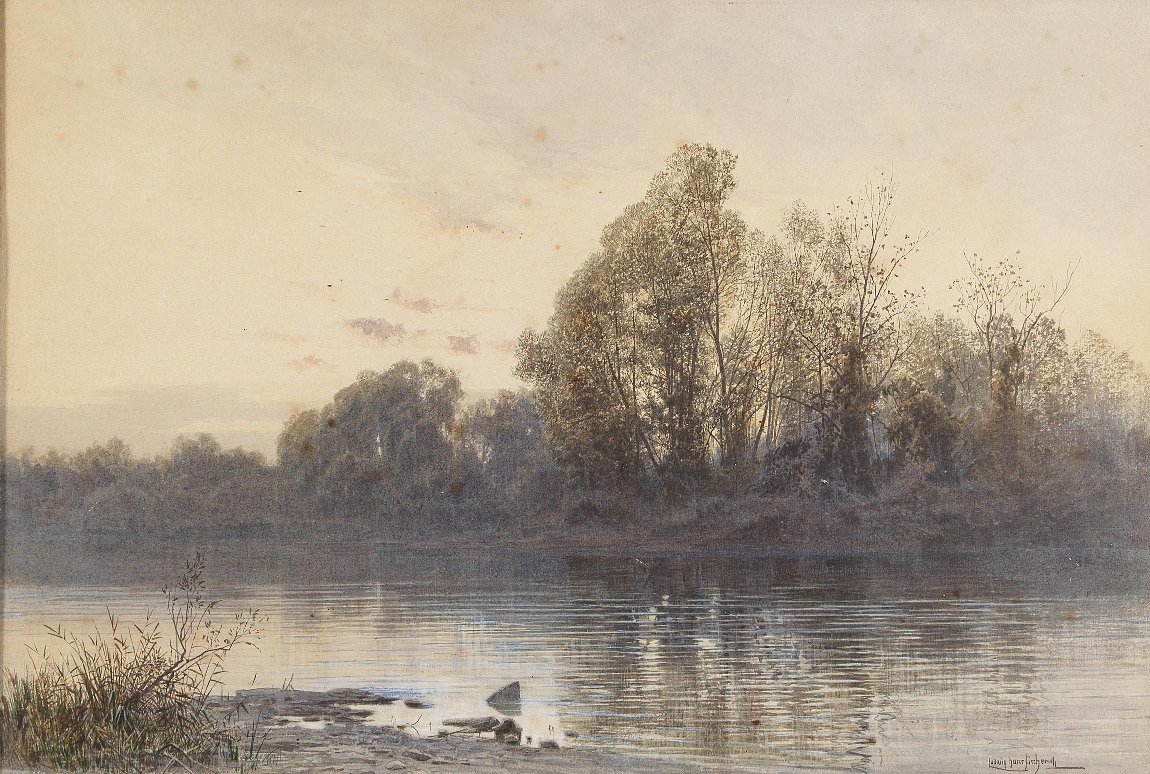 Remigius Adrianus Van Haanen | A waterside landscape in yellow light ...