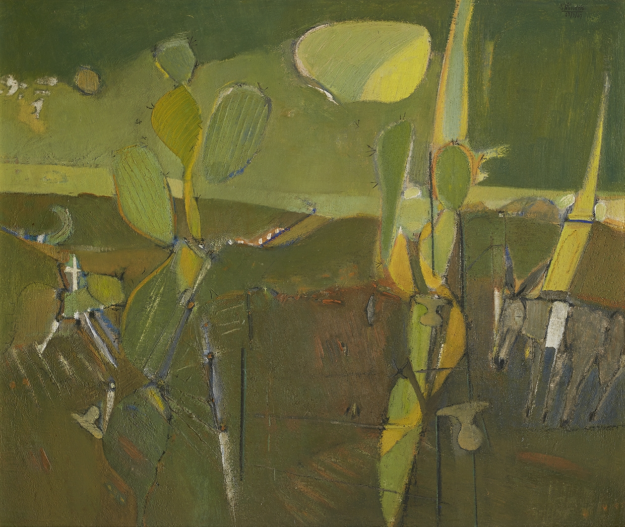 Stanley Pinker | Landscape with Cactus Form and a Donkey (1967) | MutualArt