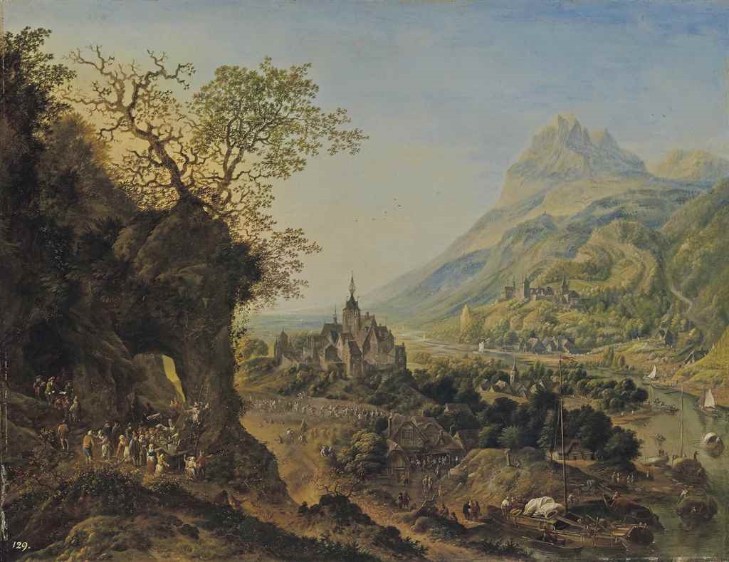 Jan Griffier I | An extensive Rhenish landscape with peasants ...