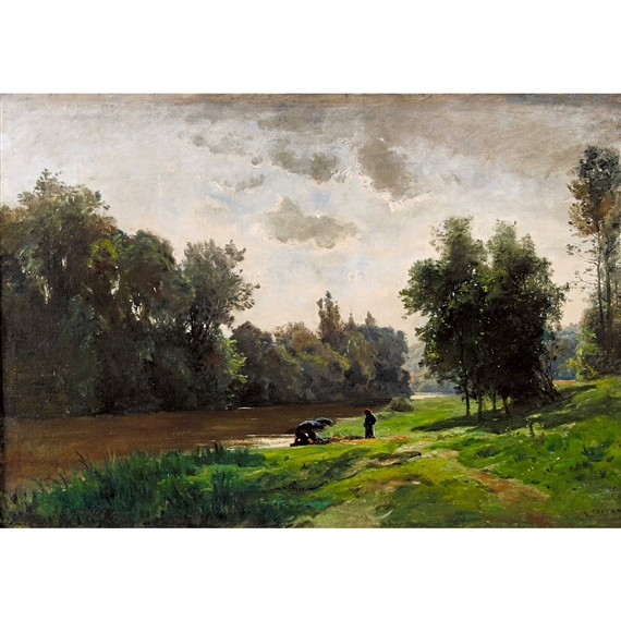 Gustave Castan | Sommerliche Flusslandschaft mit Rastenden | MutualArt