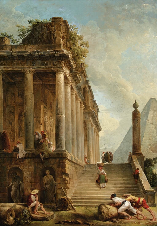 Hubert Robert | A capriccio of a ruined classical temple and a Pyramid with a flight of steps ...