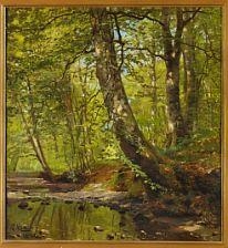 Peder Mork Monsted | Brook in a spring forest with new-leaved beech trees (1882) | MutualArt