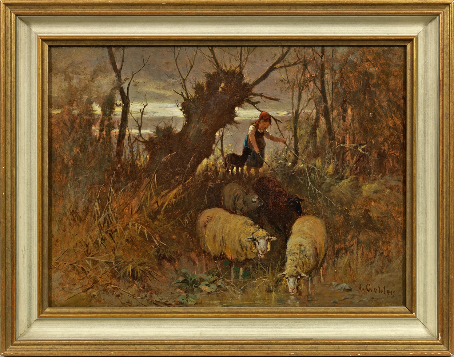 Otto Gebler | Junge Hirtin mit Schafen am Ufer | MutualArt