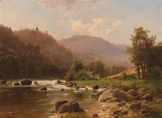 Adolf Chwala - A Moonlit Night on the Danube, oil...