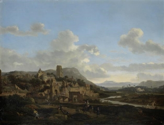 Jan van der Heyden | A river landscape with a fortified castle and a ...