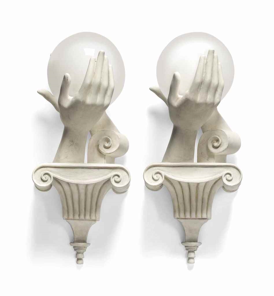 Nicolas de Molas | A PAIR OF WHITE PLASTER AND MILK GLASS 'HAND' WALL ...