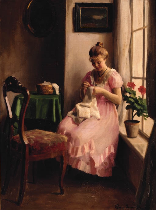 Emil Pap | A girl in a pink dress sewing by the window | MutualArt