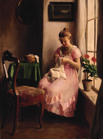 Emil Pap | A girl in a pink dress sewing by the window | MutualArt