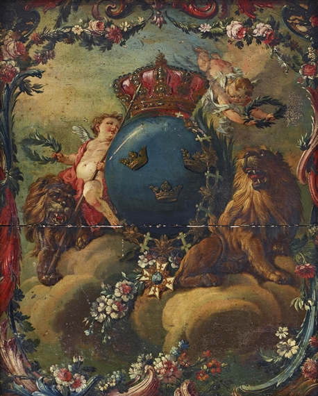 Johan Pasch Sr. | Tillskriven. Sveriges riksvapen i en allegorisk scen ...