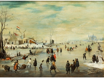 Avercamp Hendrick | A WINTER SCENE WITH MANY FIGURES SKATING ON A ...