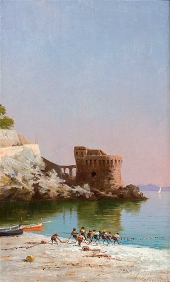 Gaetano Capone | Am Ufer holen Fischer ein Schleppnetz ein | MutualArt