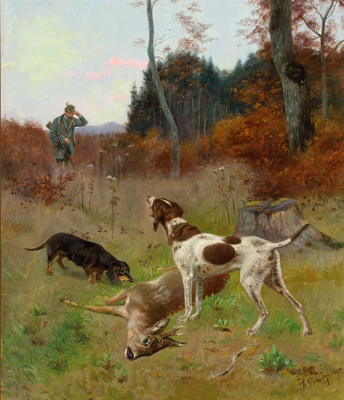 Schmitzberger Josef | Jagdhunde vor erlegtem Rehbock und Jäger auf ...