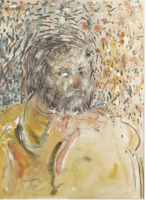 John Bellany | Puffin portrait with caged fish (1981) | MutualArt