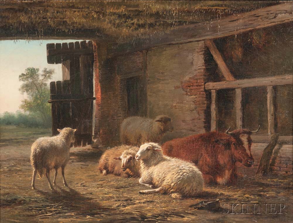 Frans Lebret | Resting Sheep and Cow in a Sunlit Barn | MutualArt