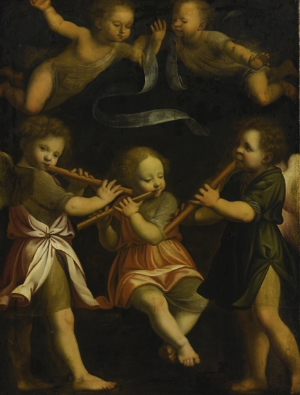 Bernardino Luini | THREE FLUTE PLAYING ANGELS WITH TWO PUTTI IN FLIGHT ...