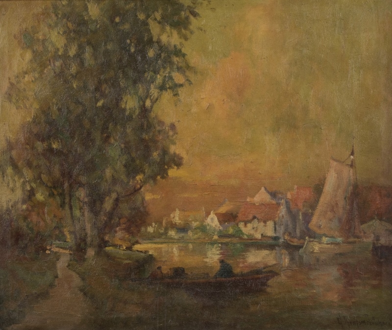 George Pritchard | Figures in a boat along a riverbank | MutualArt