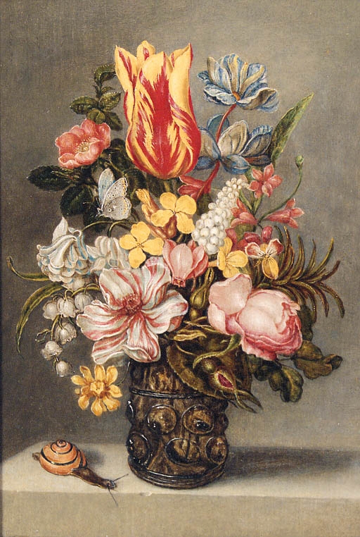 Ambrosius Bosschaert the Elder | Parrot tulips, a dog rose, a peonie ...