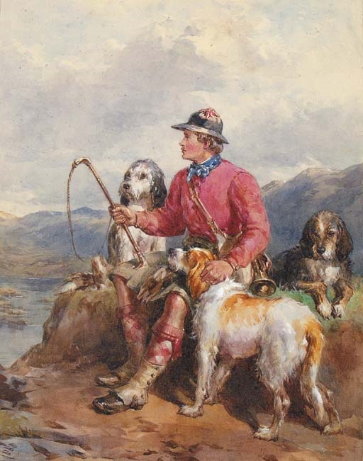 F. Taylor | A Huntsman seated with three Otterhounds (1868) | MutualArt