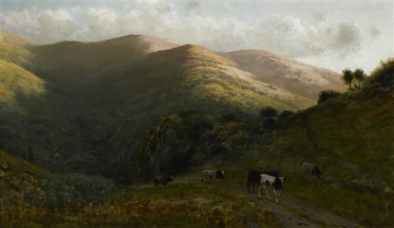 Thaddeus Welch | A view with cows on a path | MutualArt