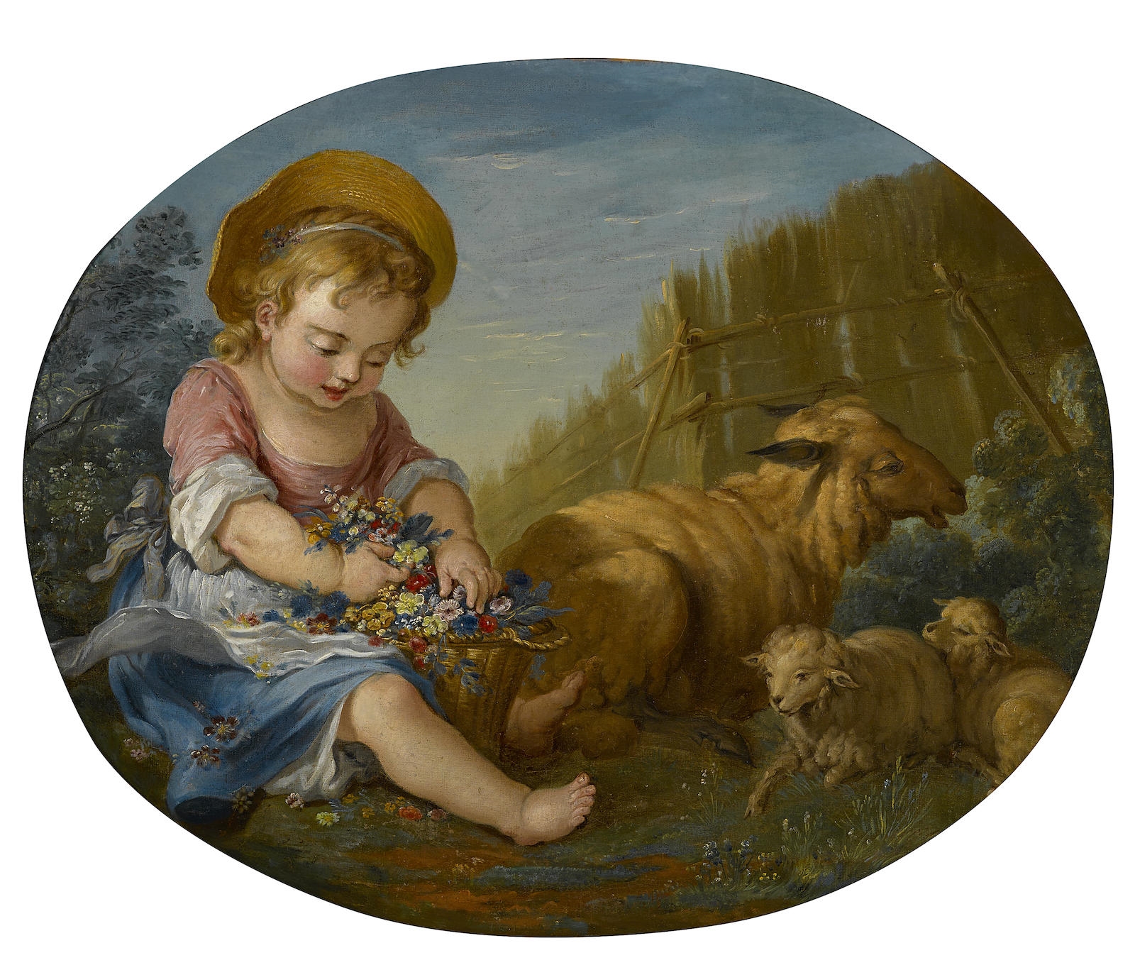 François Boucher | A young girl with flowers and sheep, A young boy ...