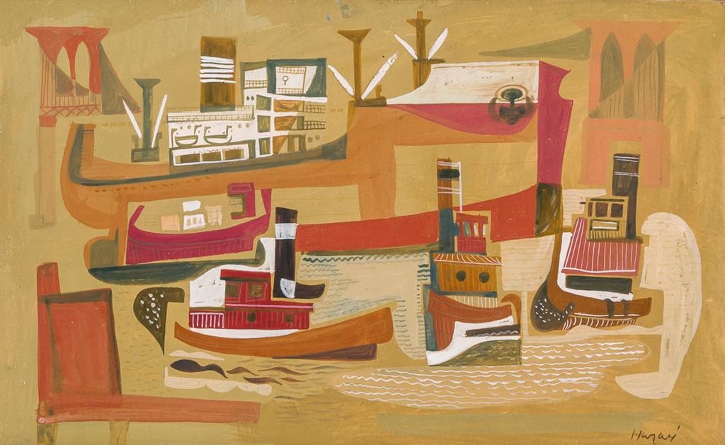 Hananiah Harari | Dock Scene with Brooklyn Bridge | MutualArt