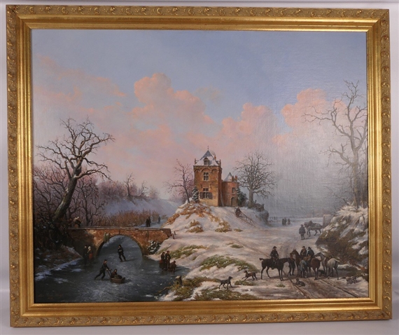 Joseph Hoey | Winter landscape with animated scenes (1870) | MutualArt