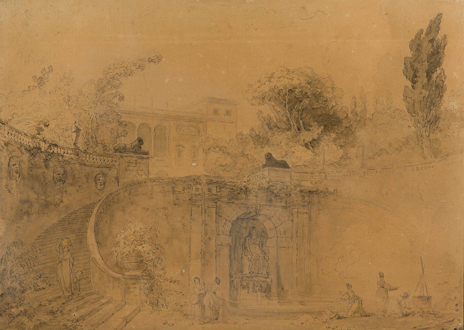 Hubert Robert | Lavandières à la fontaine dans les jardins de Caprarola ...