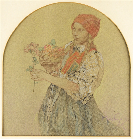 Alphonse Mucha | Costumed girl with basket of fruit | MutualArt