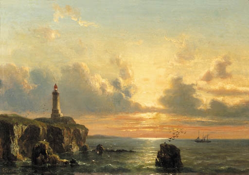 Everhardus C. Koster | A coastal landscape with a lighthouse at sunset ...