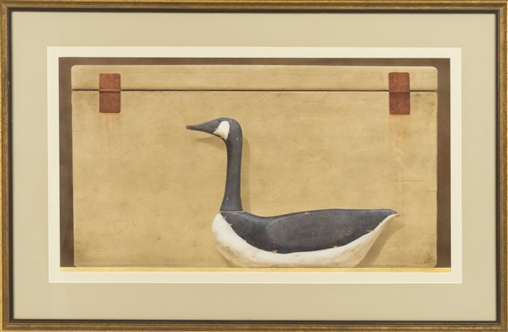 Joseph Cibula | Canada goose decoy posed in front of a trunk | MutualArt