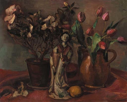 Mathieu Wiegman | A still life with a plant, tulips in a vase, a ...