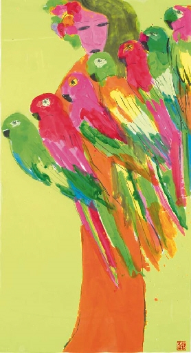 Walasse Ting | A geisha and seven parrots | MutualArt